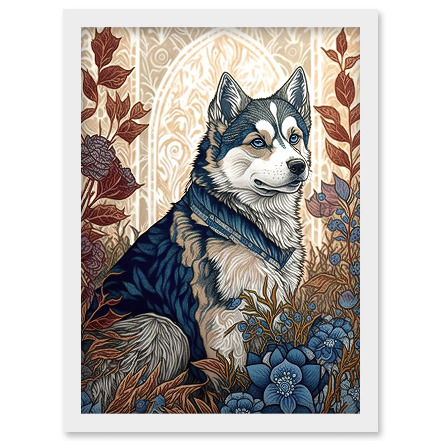 Siberian Husky Dog in Autumn Flower Field Modern Art Nouveau ...