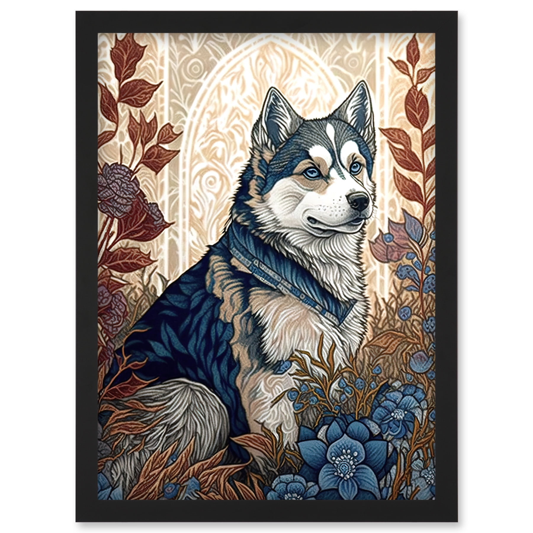 Siberian Husky Dog in Autumn Flower Field Modern Art Nouveau ...
