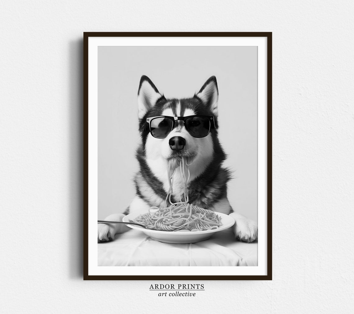 Siberian Husky Eating Pasta Wall Art, Spaghetti Print, Black And White Print, Food Print, Dog ...