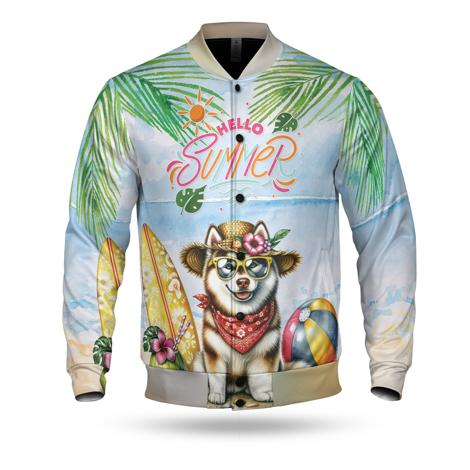 Siberian Husky Hello Summer with Sunglasses and Surfboard Tropical ...