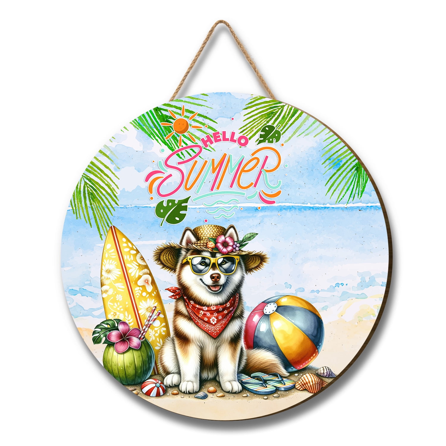 Siberian Husky Hello Summer with Sunglasses and Surfboard Tropical ...