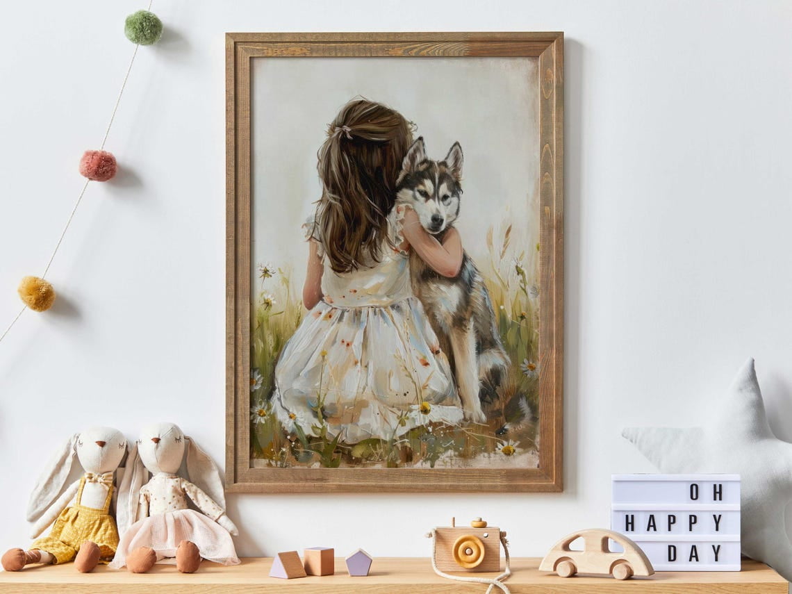 Siberian Husky Nursery Art, Girl And Dog Painting, Husky Wall Art ...