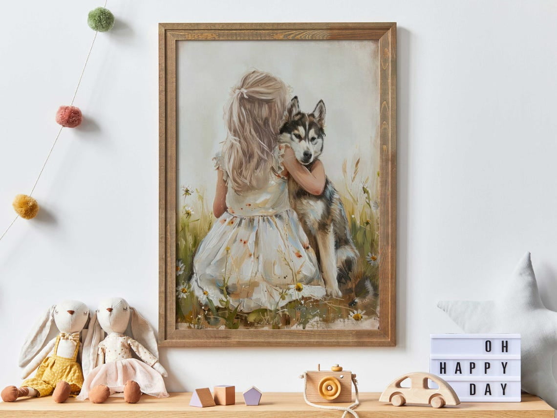 Siberian Husky Nursery Print, Husky Art Print, Girl & Dog Painting ...