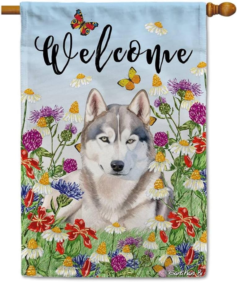 Siberian Husky Welcome Spring Summer House Flag for Outside Watercolor ...