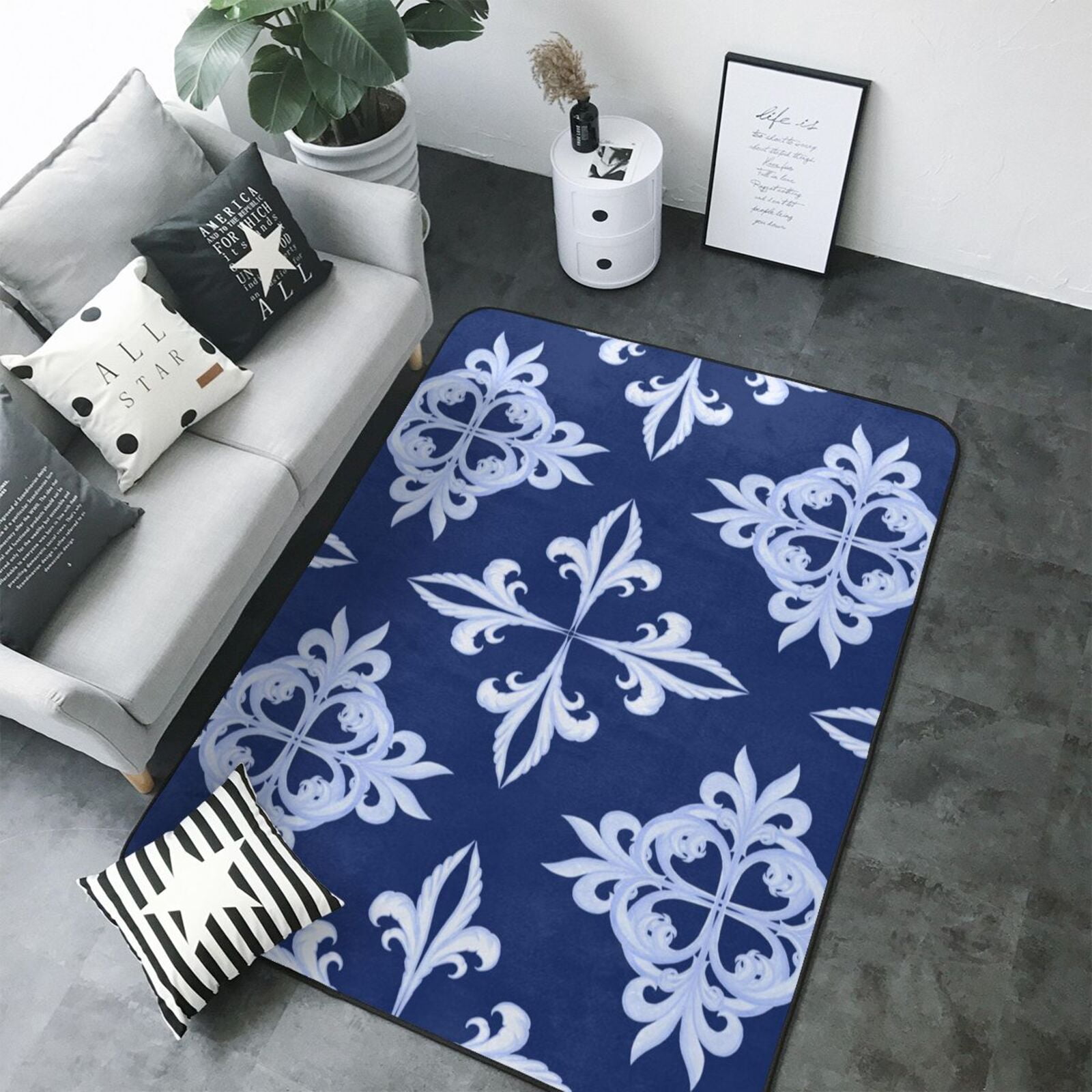 Sicilian style navyblue print Area Rugs for Living Room Bedroom, 5x7 ...