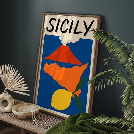 Sicily Art Print: Etna Volcano & Lemon Map, Vibrant Italian Decor ...