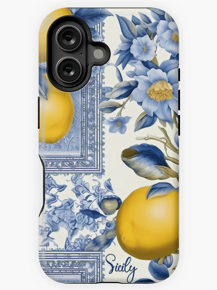 Sicily Blue Yellow Lemon Tile and Blue Leander Flower Pattern iPhone 16 ...