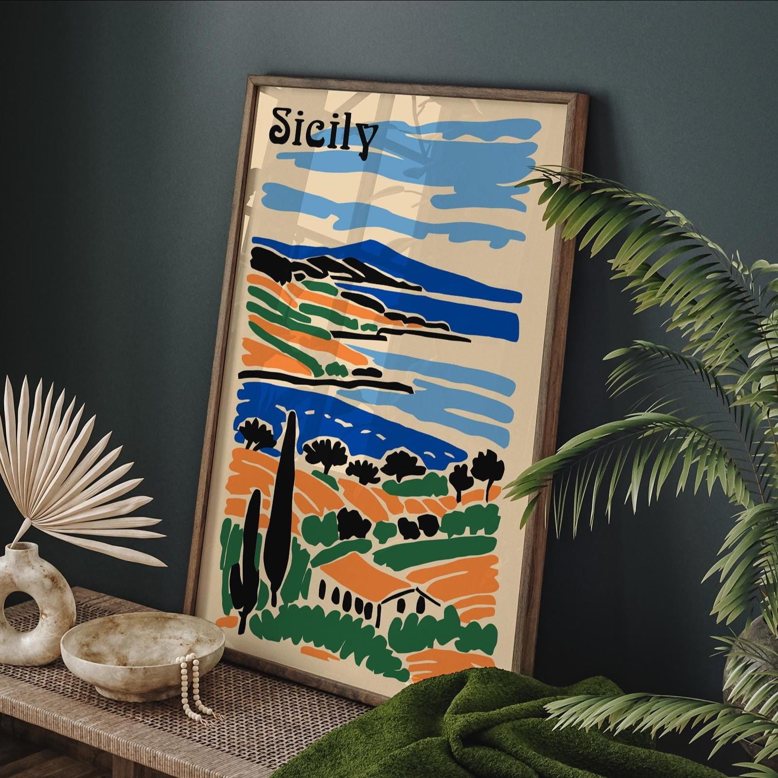 Sicily Coastal Art Print: Mediterranean Seaside Illustration UNFRAMED ...