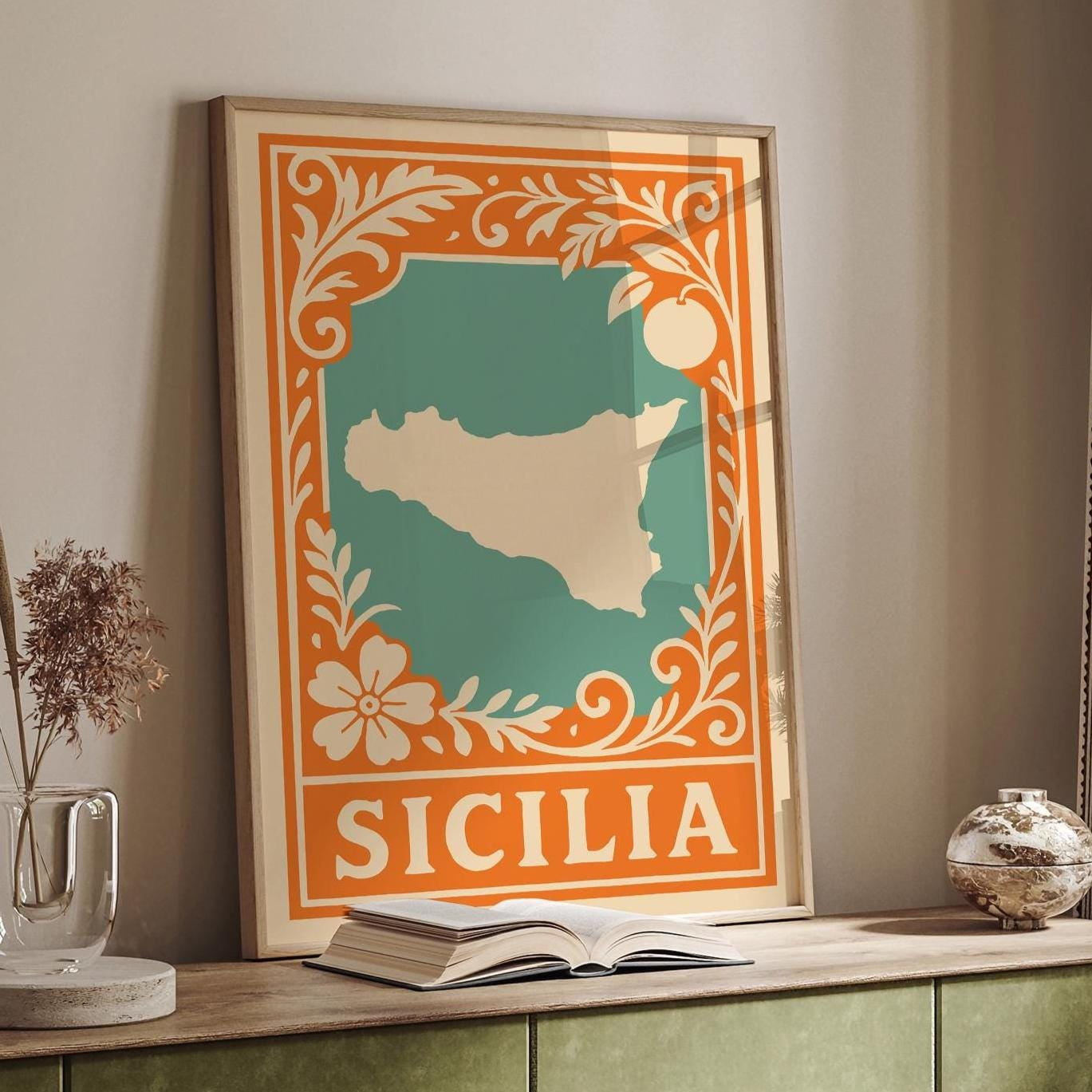 Sicily Map Poster, Vintage Italian Wall Art With Citrus & Floral Border ...