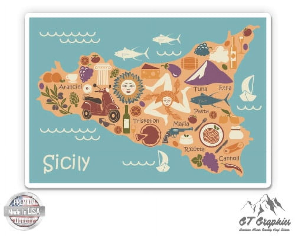 Sicily Map Travel - 6" Vinyl Sticker - For Car Laptop I-Pad ...