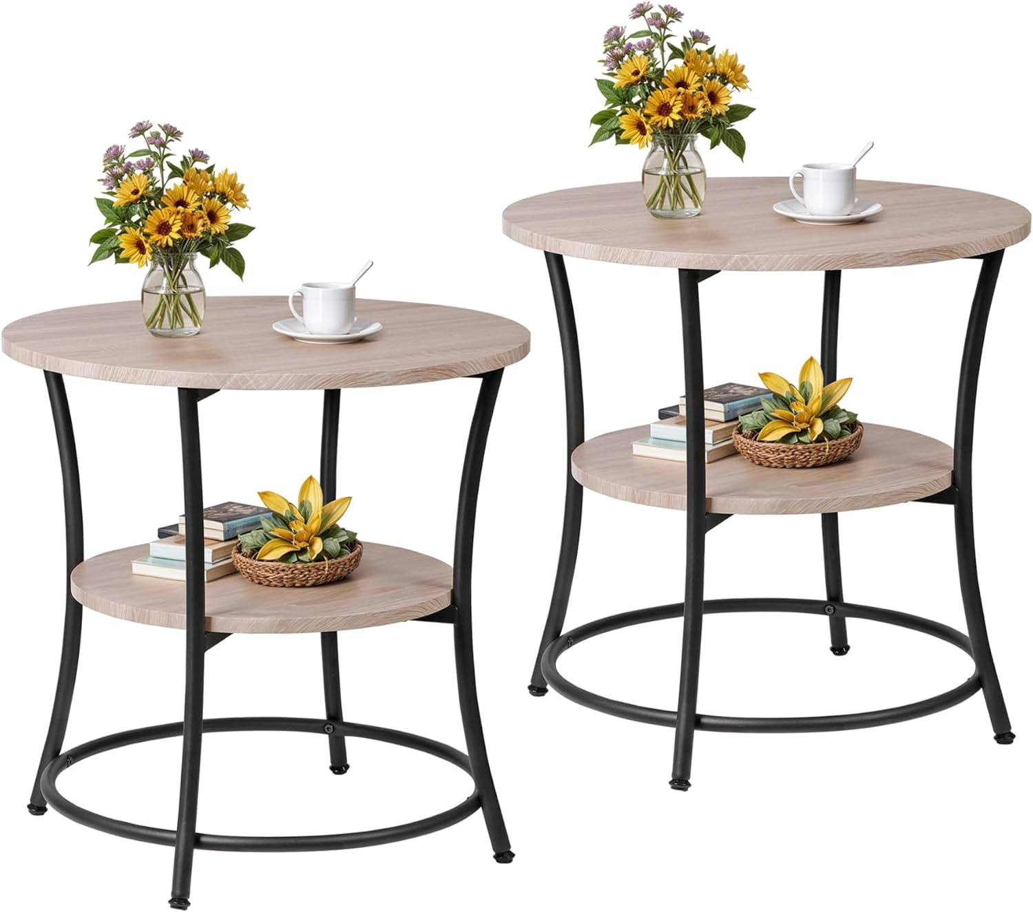 Side 2-Tier Small End Round Nightstand with 2 Storage Shelves for ...