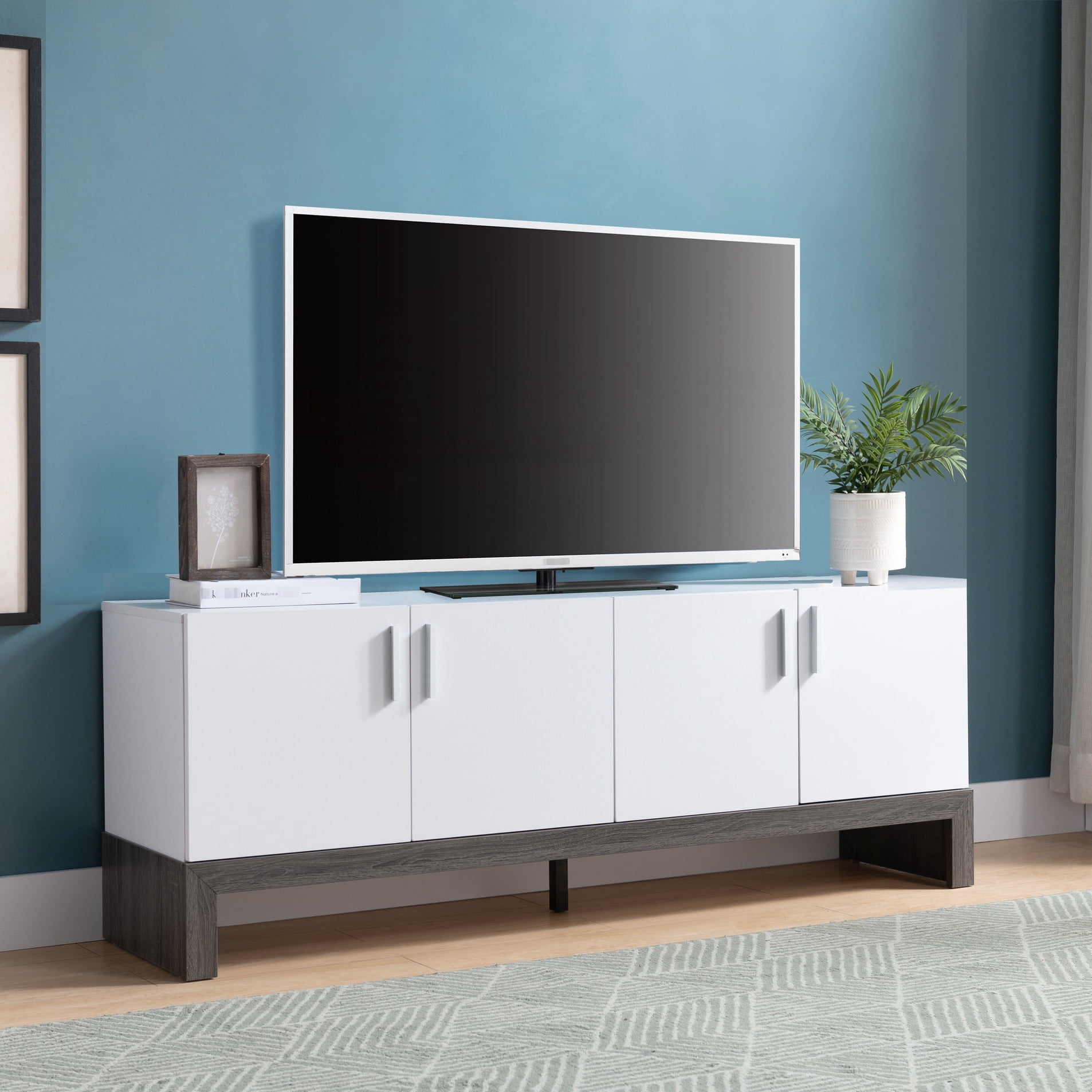 Side 4 Doors Storage, 60" White & Distressed Grey Tv Stand, Extra Large ...
