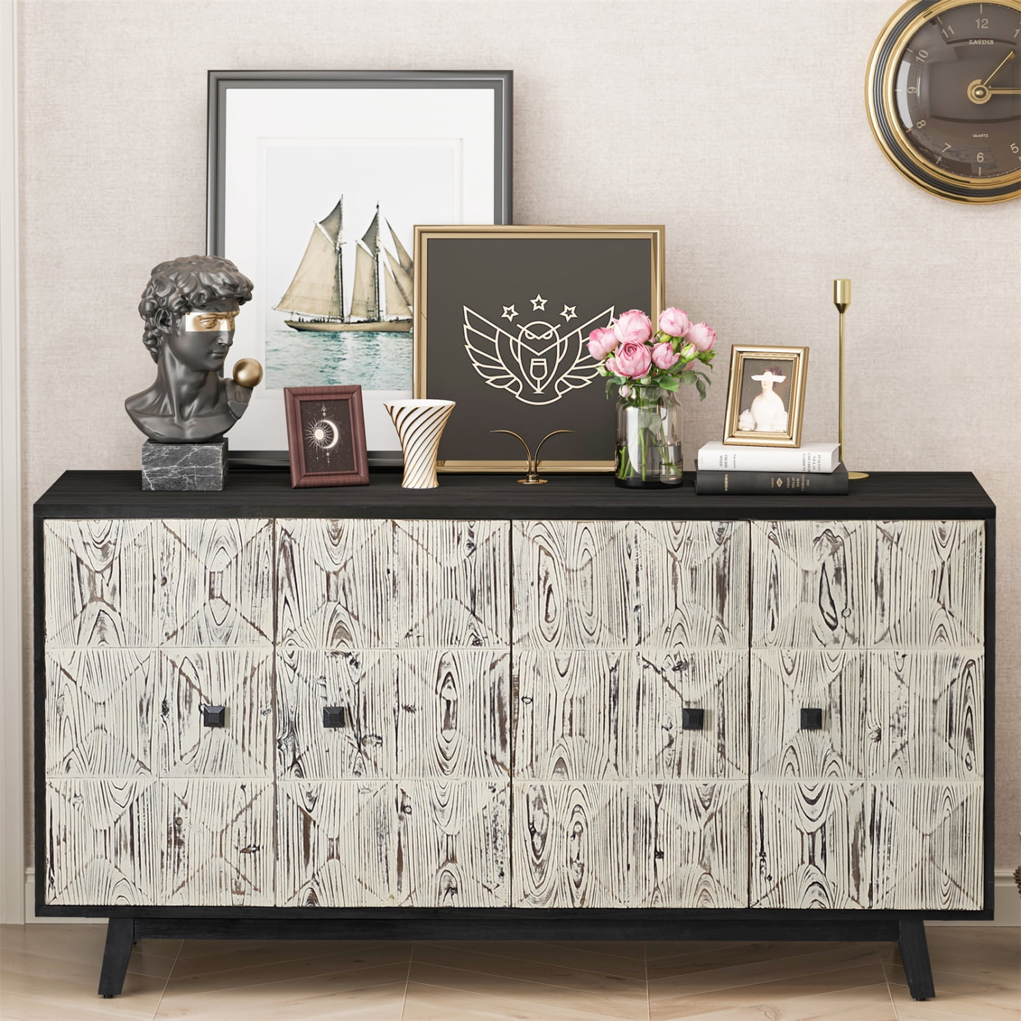Side Board with Three-Dimensional Relief Patterns and Metal Handles, 4 ...
