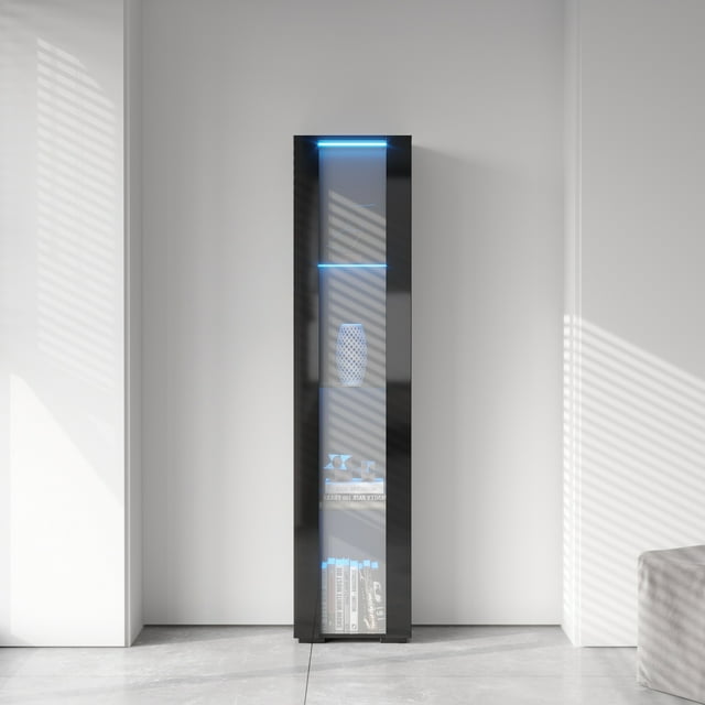 Side Cabinet with LED Light, 67" High Gloss Storage Cabinet with Doors ...