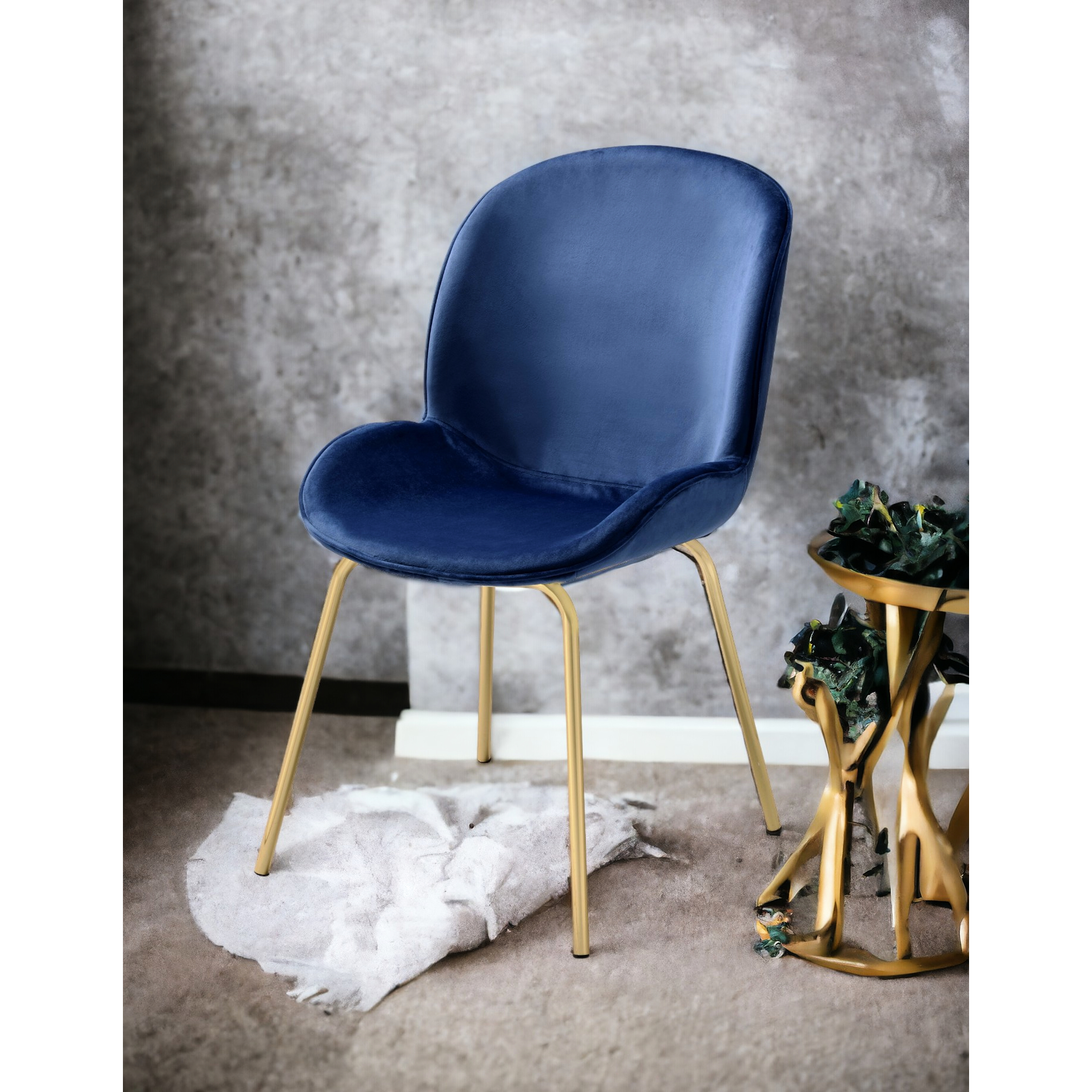 Side Chairs (2) - Blue Velvet And Gold Finish, Contemporary Armless ...