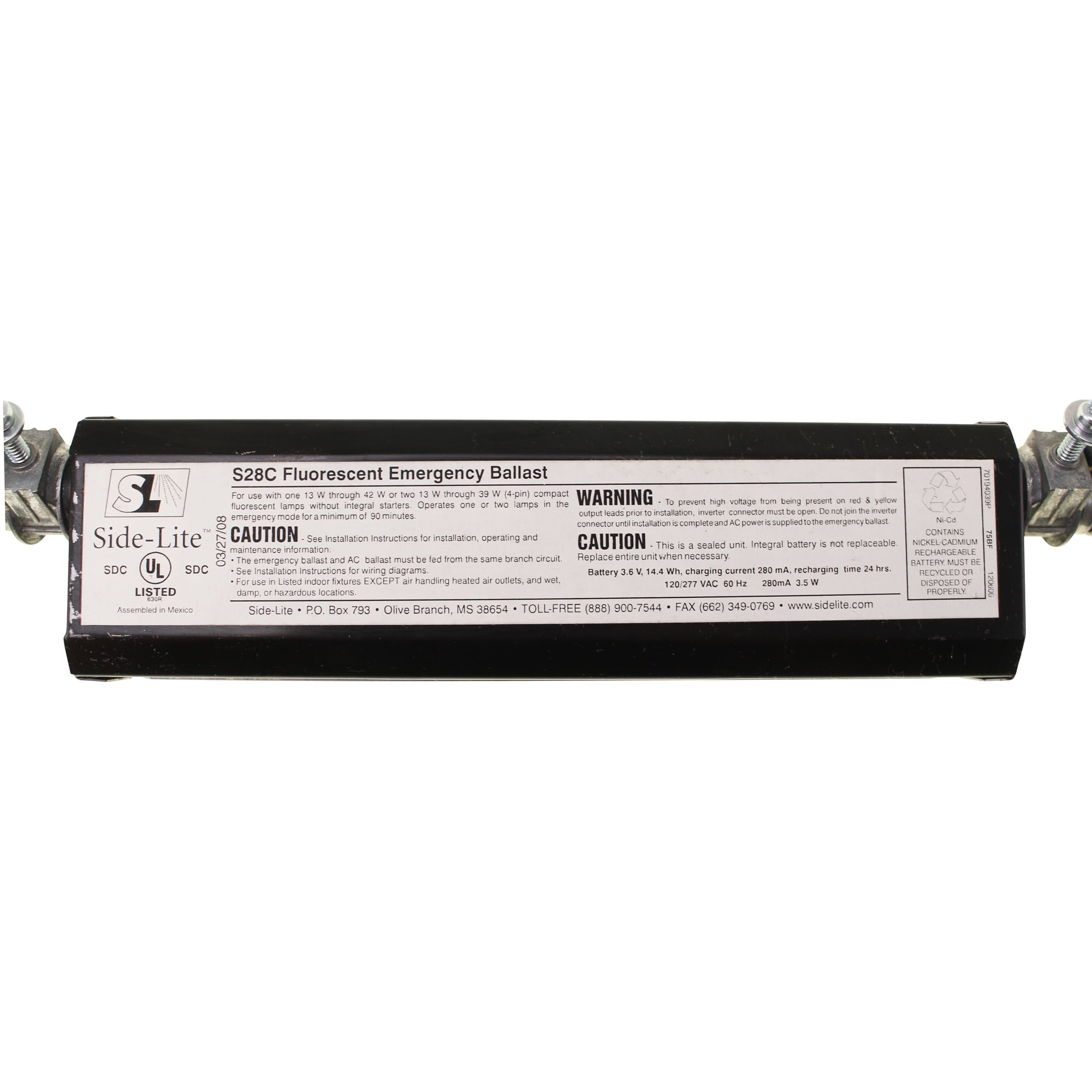 Side-Lite S28C Fluorescent Emergency Ballast, Compact Fluorescent, 39W ...