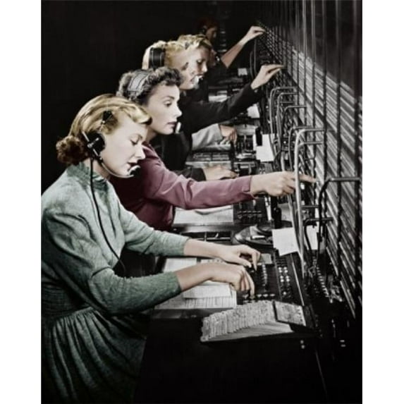 Side Profile of Group of Telephone Operators Operating Switchboards ...