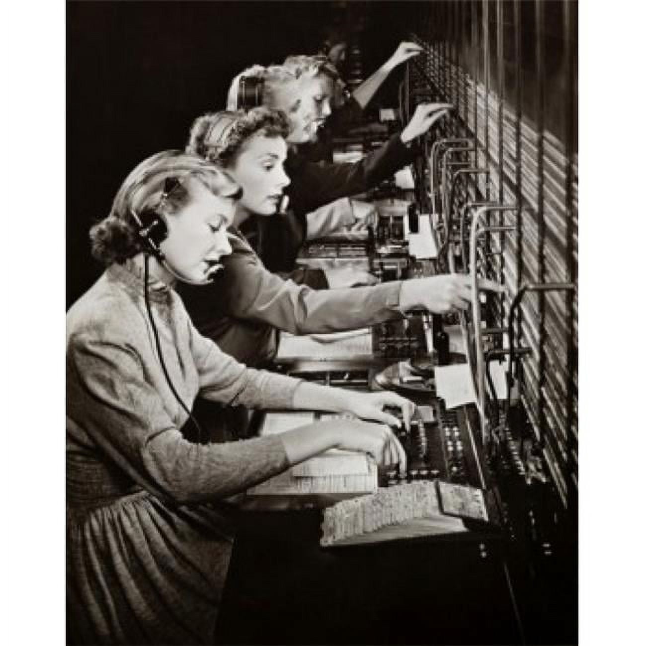 Side Profile of a Group of Telephone Operators Operating Switchboards ...