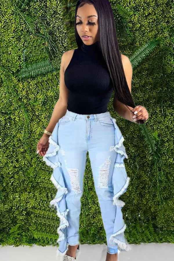 Side Ruffle Ripped Skinny Jeans (XL, LightBlue) - Walmart.com