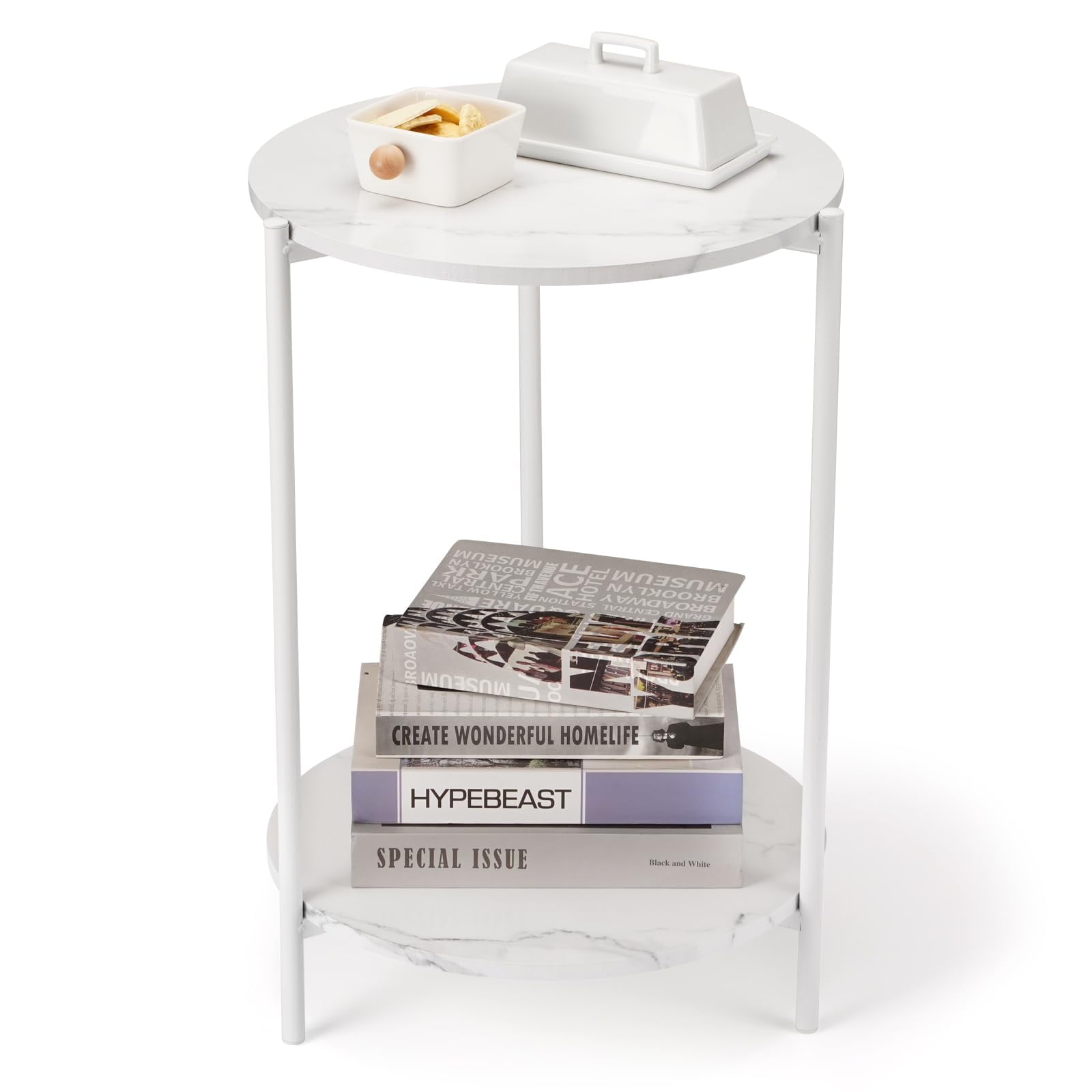 Side Table 2 Tier Faux Marble End Table with Storage, Modern Nightstand ...