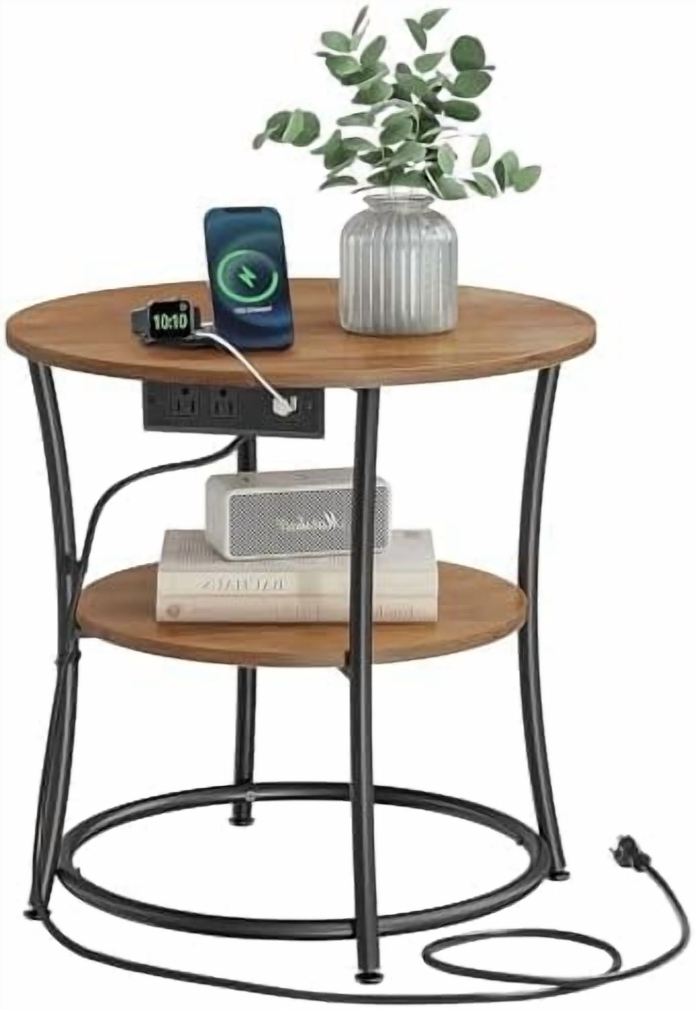 Side Table, 2-Tier Round End Table with Power Outlets, Nightstand with ...