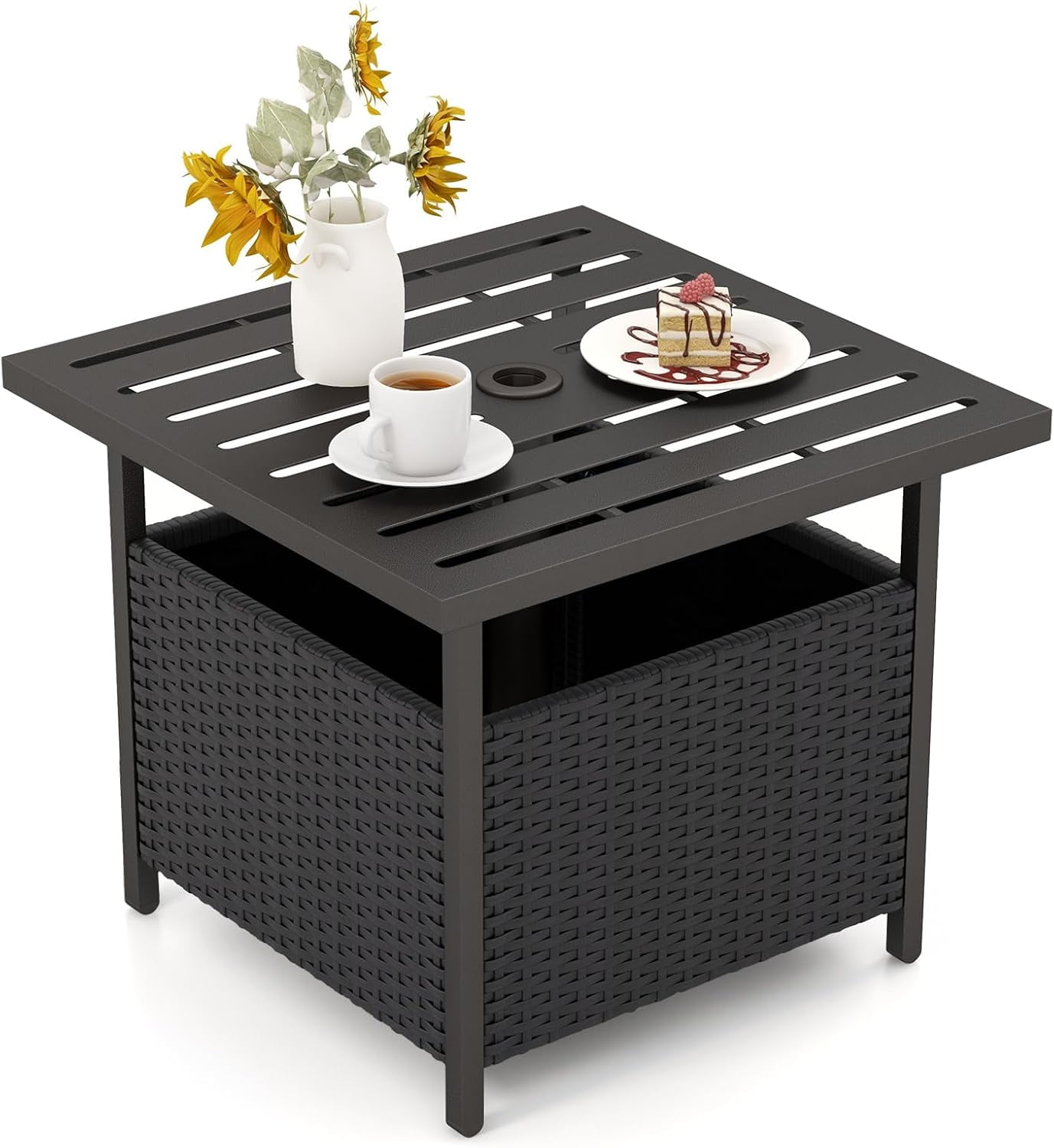 Side Table with 2’’ Umbrella Hole - Wicker Rattan Patio Bistro Coffee ...
