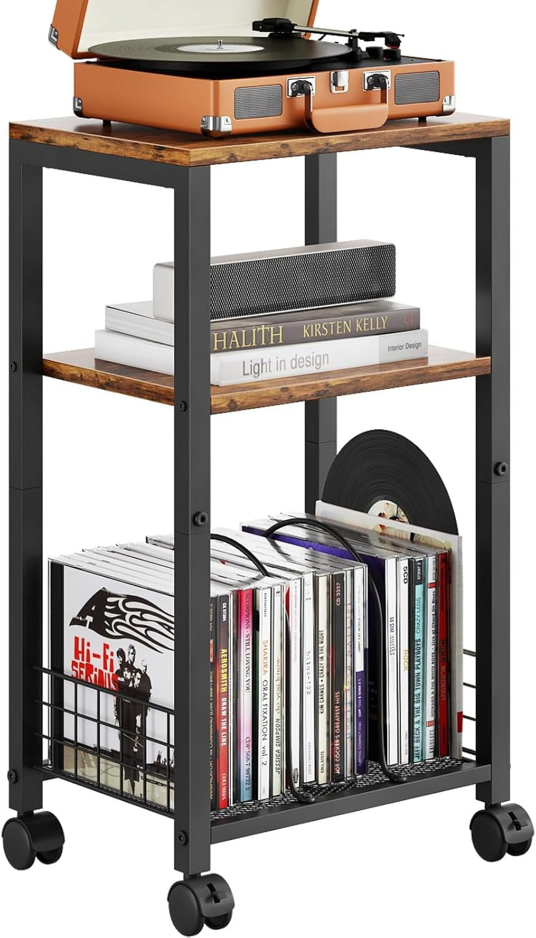 Side Table, 3 Tier Moveable End Table, Record Player Stand with Records ...
