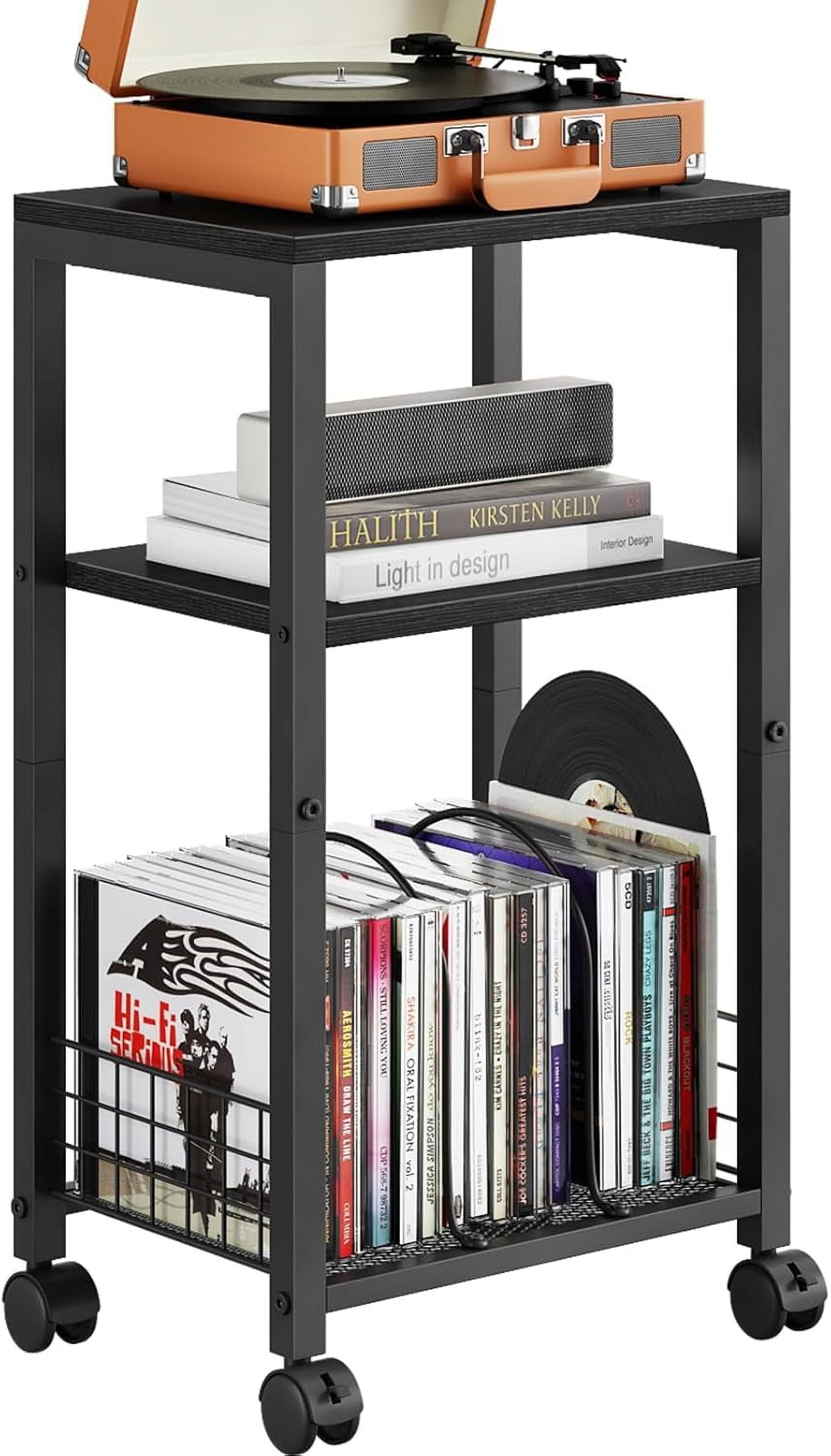 Side Table, 3 Tier Moveable End Table, Record Player Stand with Records ...