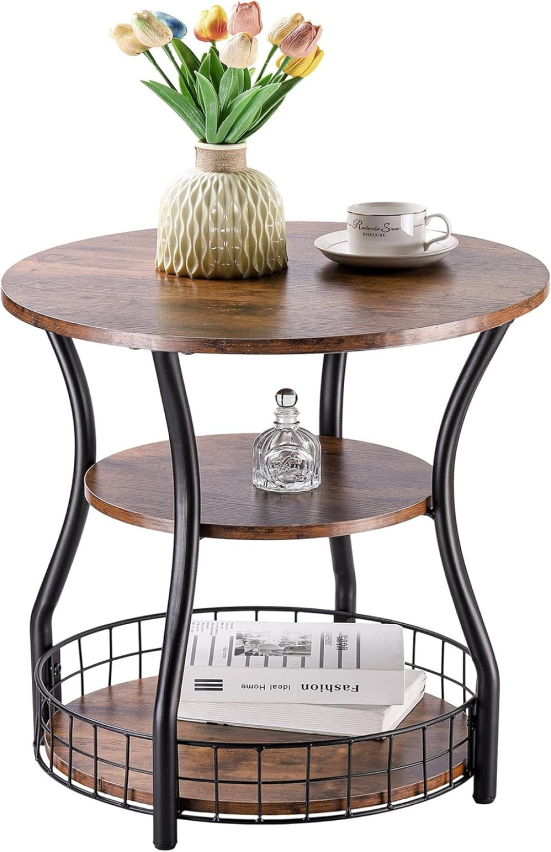 Side Table, 3-Tier Round End Table with Storage Shelves for Living Room ...