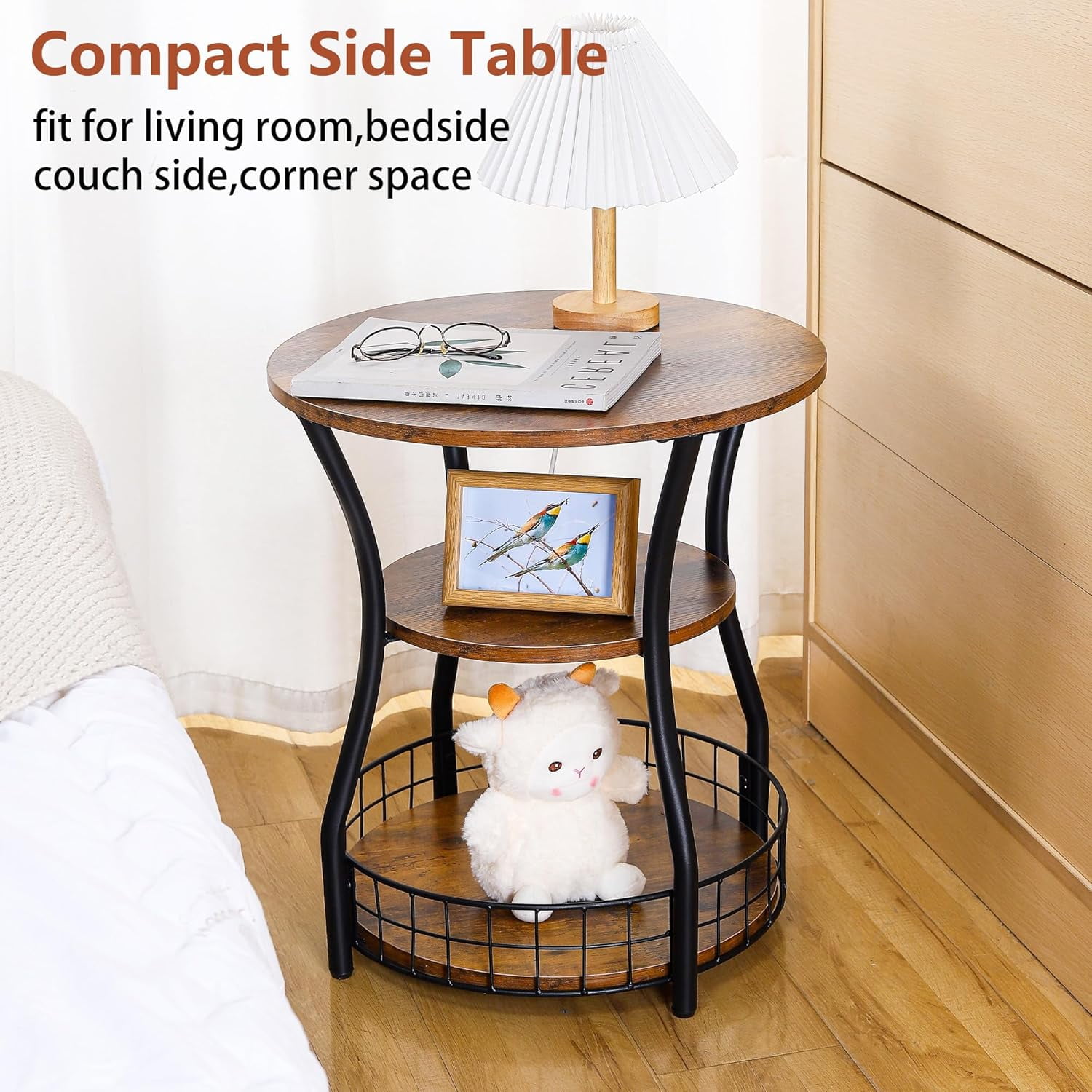 Side Table, 3-Tier Round End Table with Storage Shelves for Living Room ...