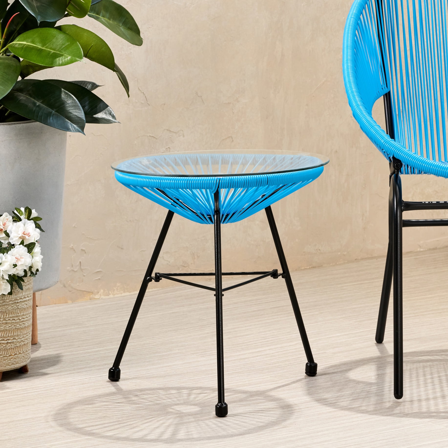 Side Table With Blue Tempered Glass Surface - Base, 18.15"x18.15"x17.77 ...