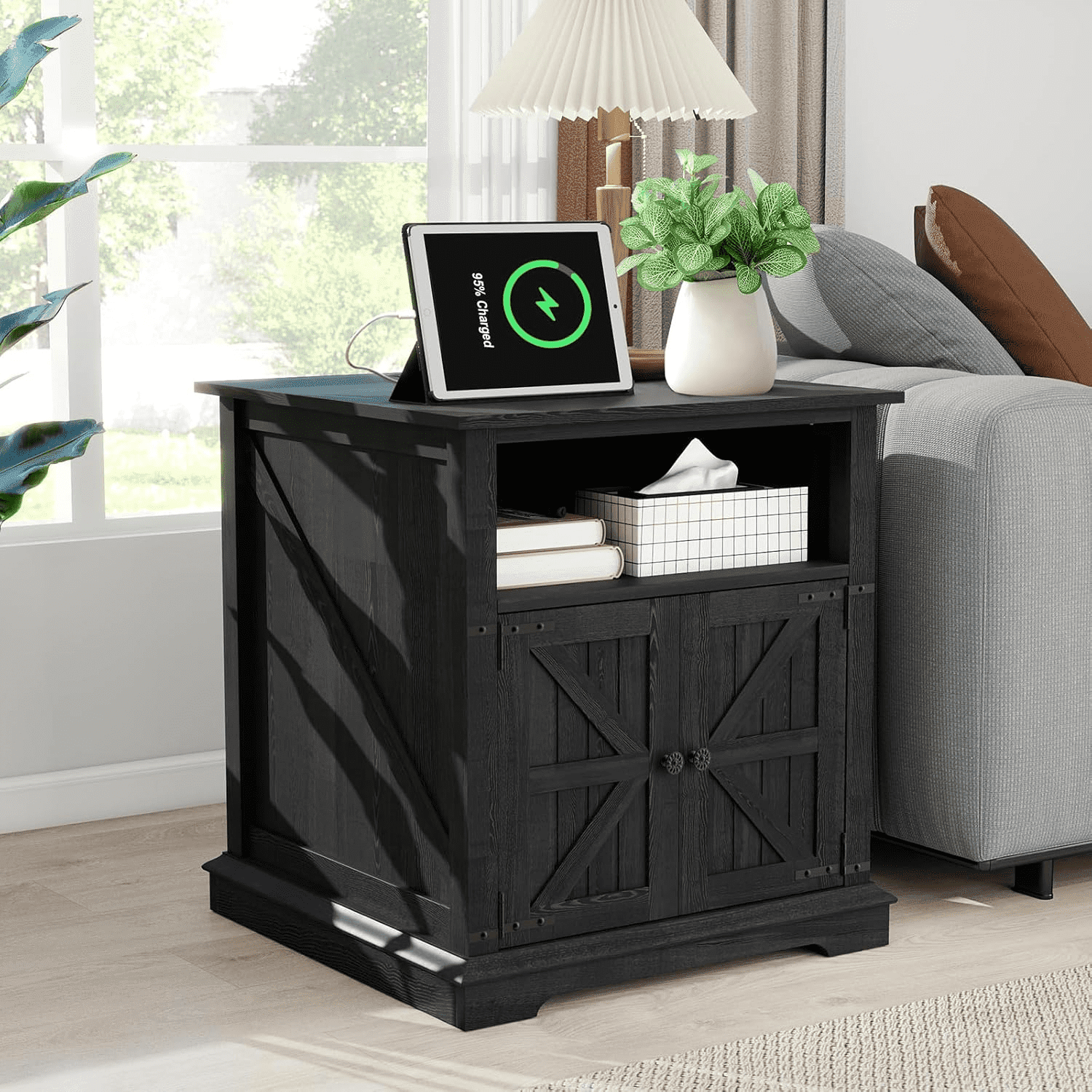 Side Table with Chargers, 24’ Farmhouse Style Large Sofa Side Table ...