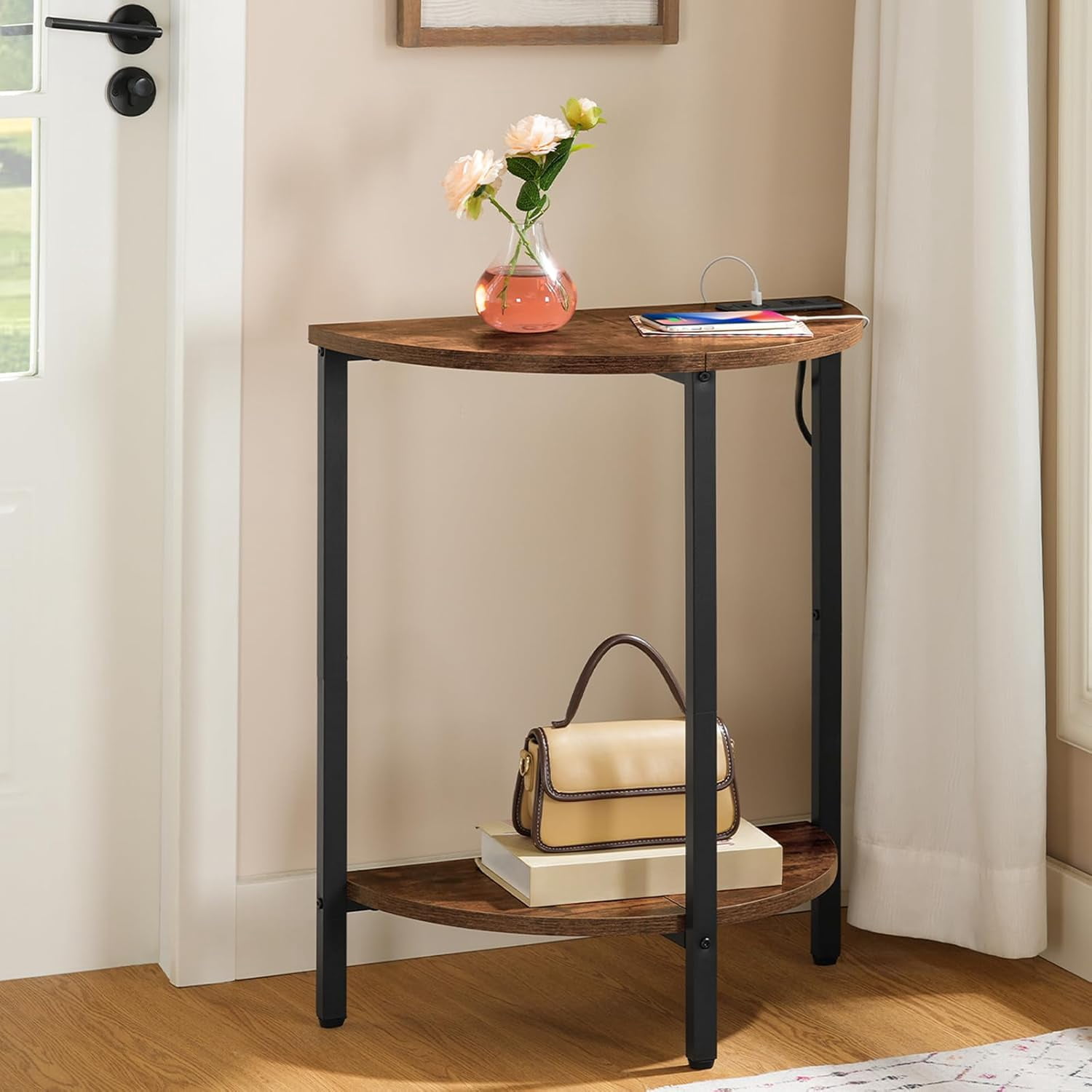 Side Table with Charging Station, 2-Tier Half Round End Table, Small ...