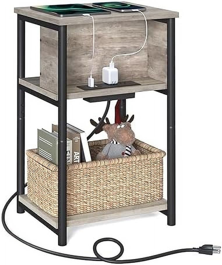 Side Table with Charging Station, 3-Tier End Table with USB Ports and ...