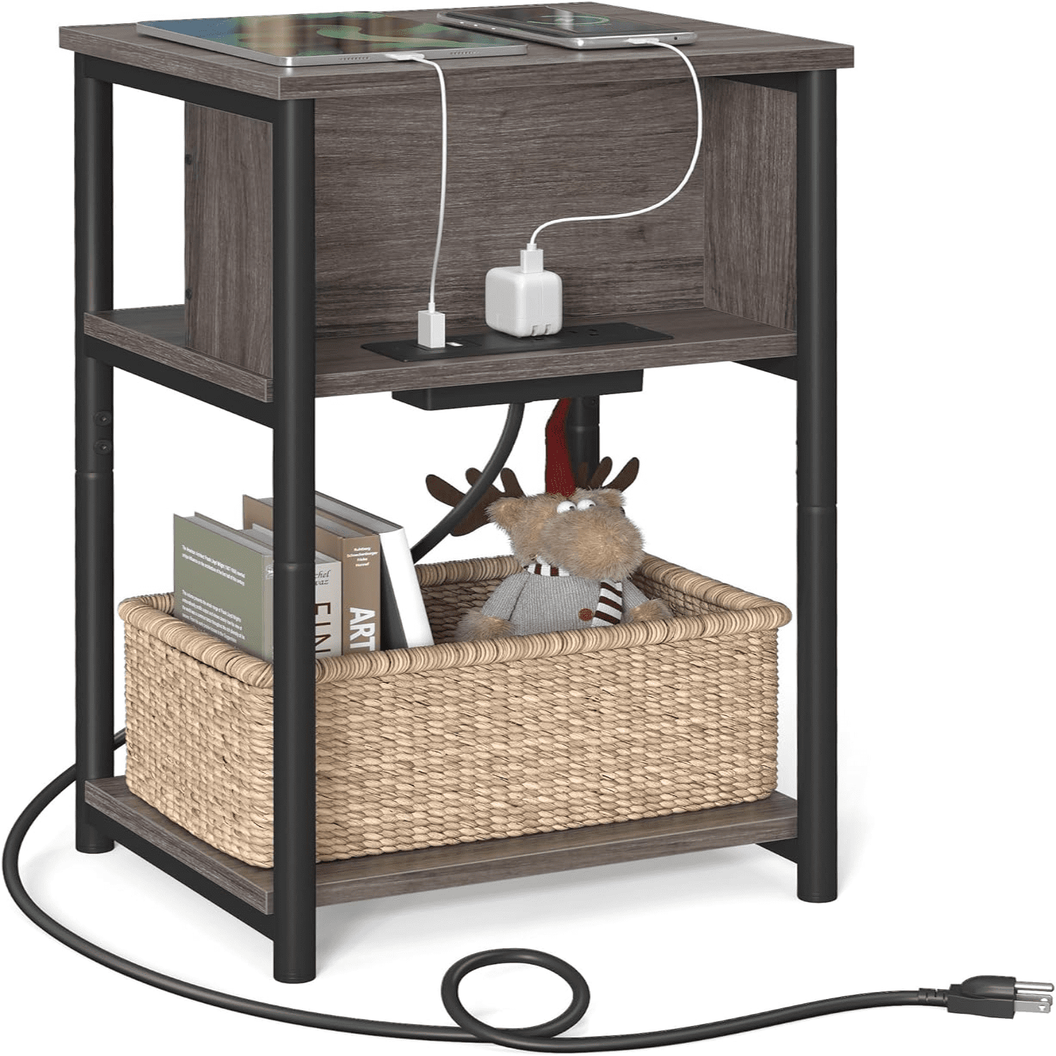 Side Table with Charging Station 3-Tier End Table with USB Ports and ...