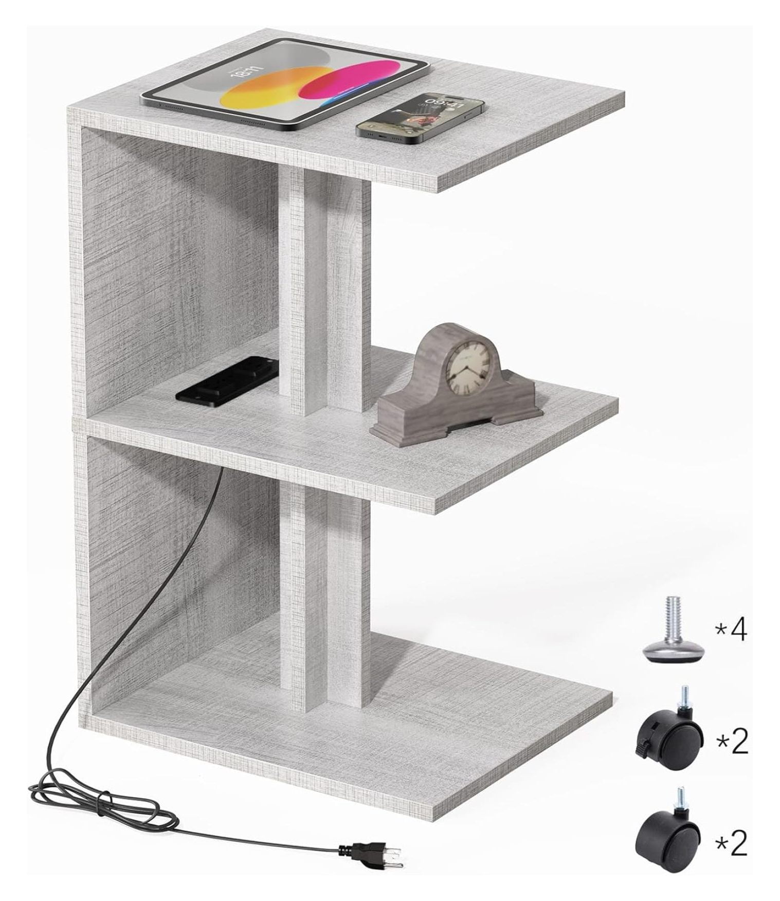 Side Table with Charging Station, 3 Tier Narrow Nightstand, End Table ...