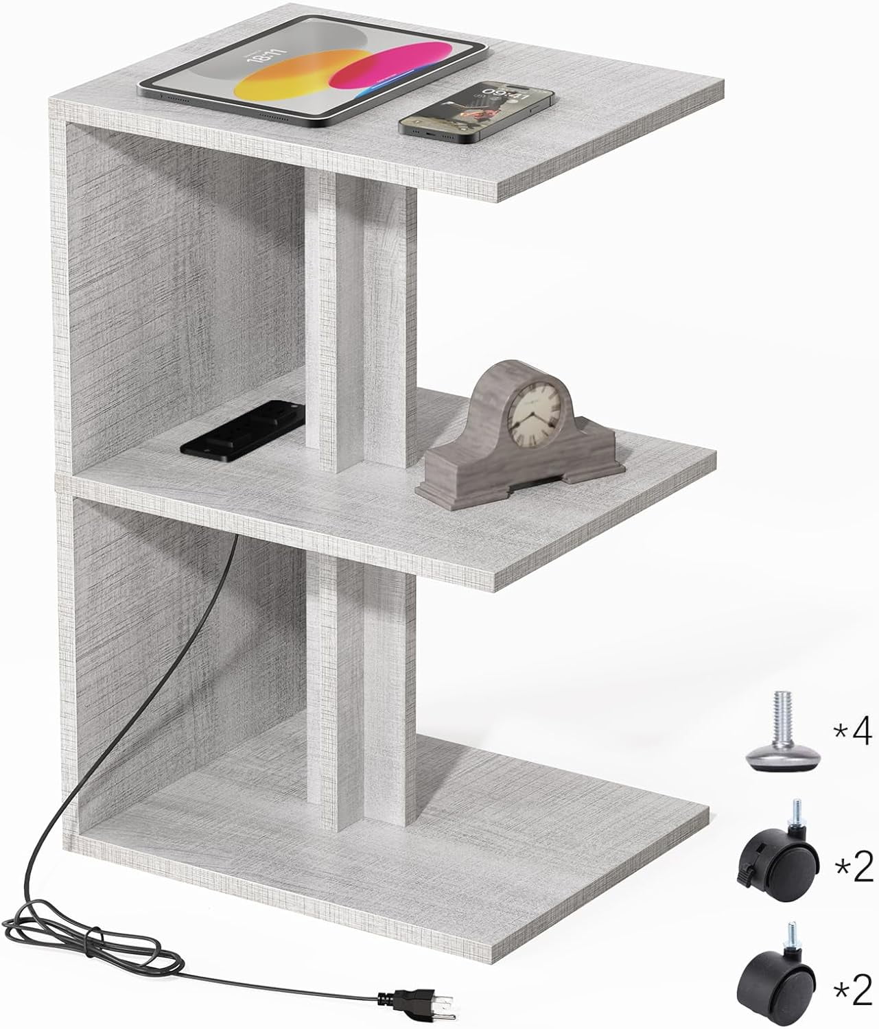 Side Table with Charging Station, 3 Tier Narrow Nightstand, End Table ...