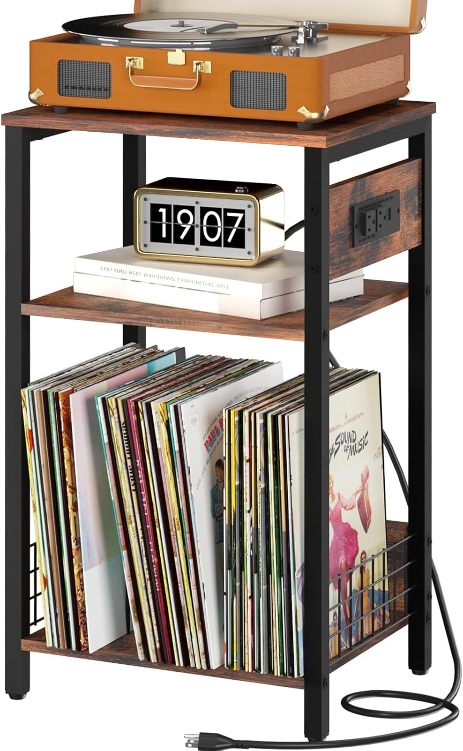 Side Table with Charging Station, 3-Tier Record Player Stand, Small End ...