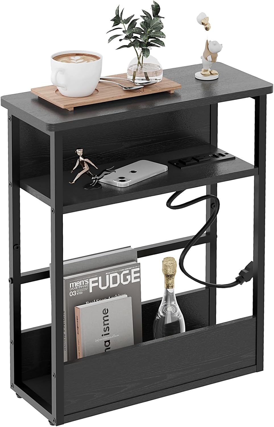 Side Table with Charging Station, 3 Tier Slim End Table for Small ...