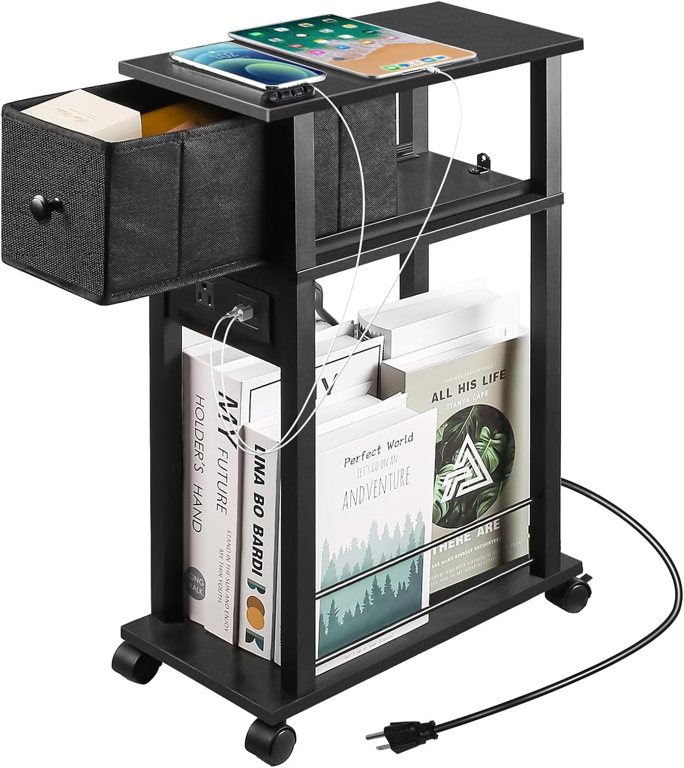 Side Table with Charging Station and Drawer, Narrow End Table with USB ...