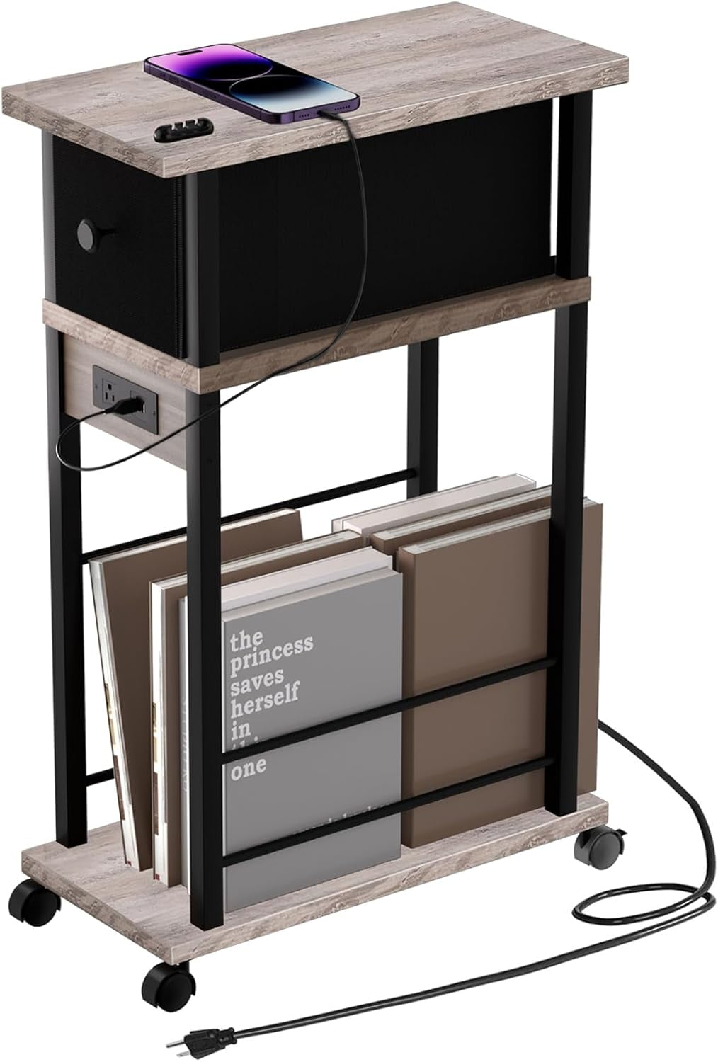 Side Table with Charging Station and Drawer, Narrow End Table with USB ...