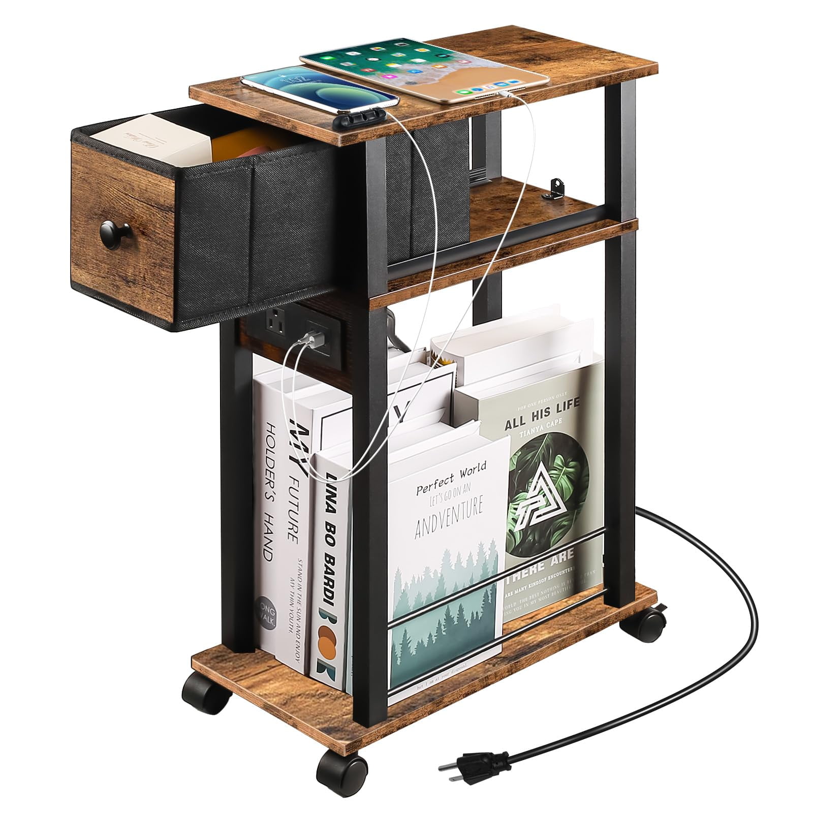 Side Table with Charging Station and Drawer, Narrow End Table with USB ...