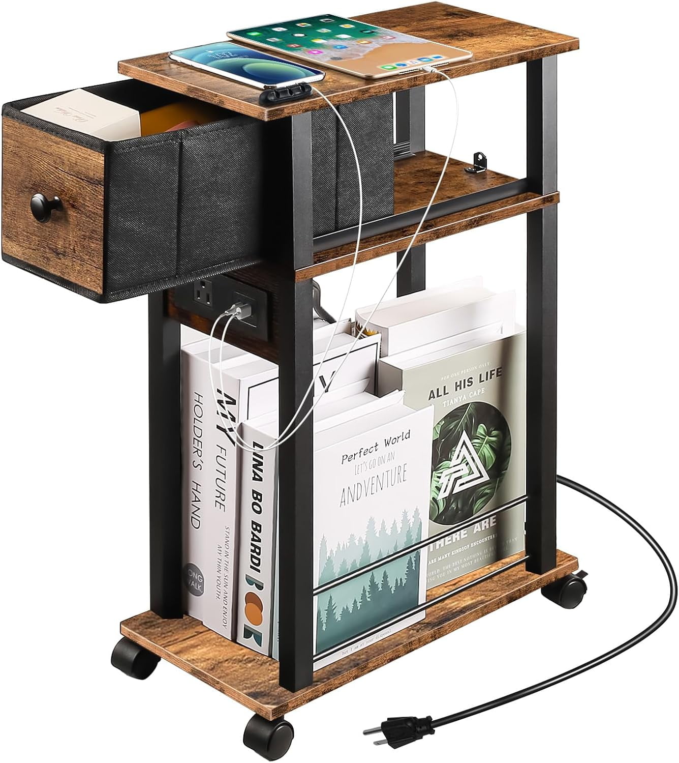 Side Table with Charging Station and Drawer, Narrow End Table with USB ...