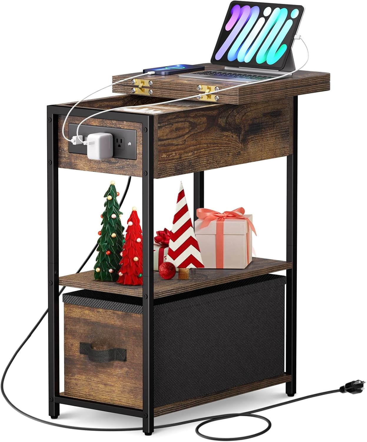 Side Table with Charging Station, Flip Top End Table with Fabric Drawer ...