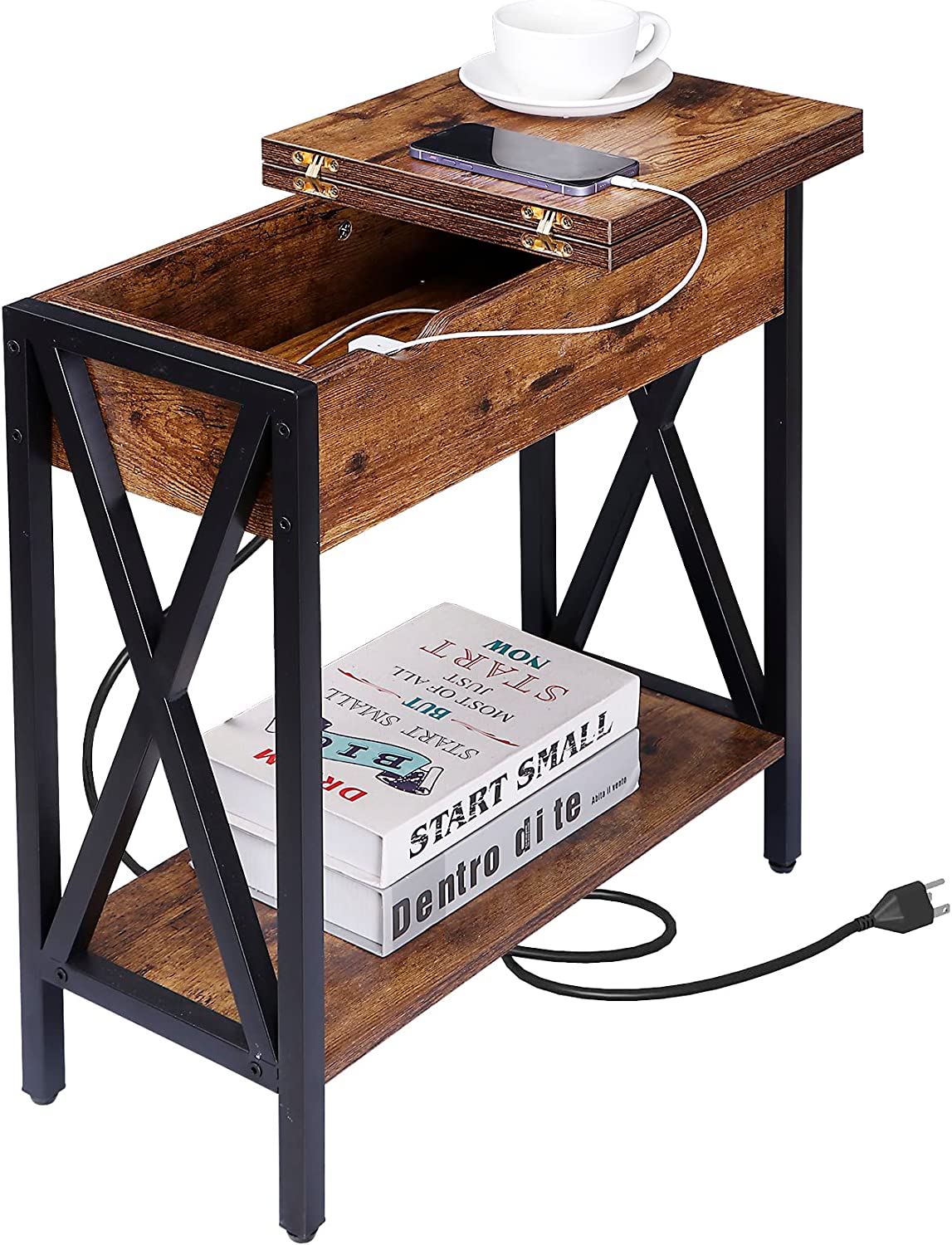 Side Table with Charging Station, Flip Top End Table with USB Ports and ...