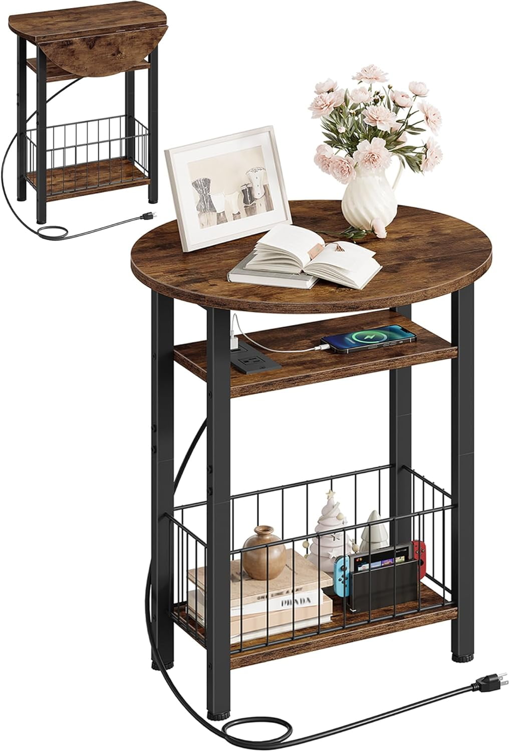 Side Table with Charging Station, Folding Side Table with Storage, 3 ...