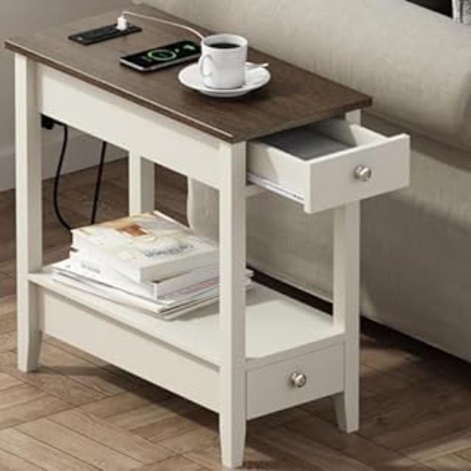 Side Table with Charging Station Narrow End Table with Storage 2-Drawer ...