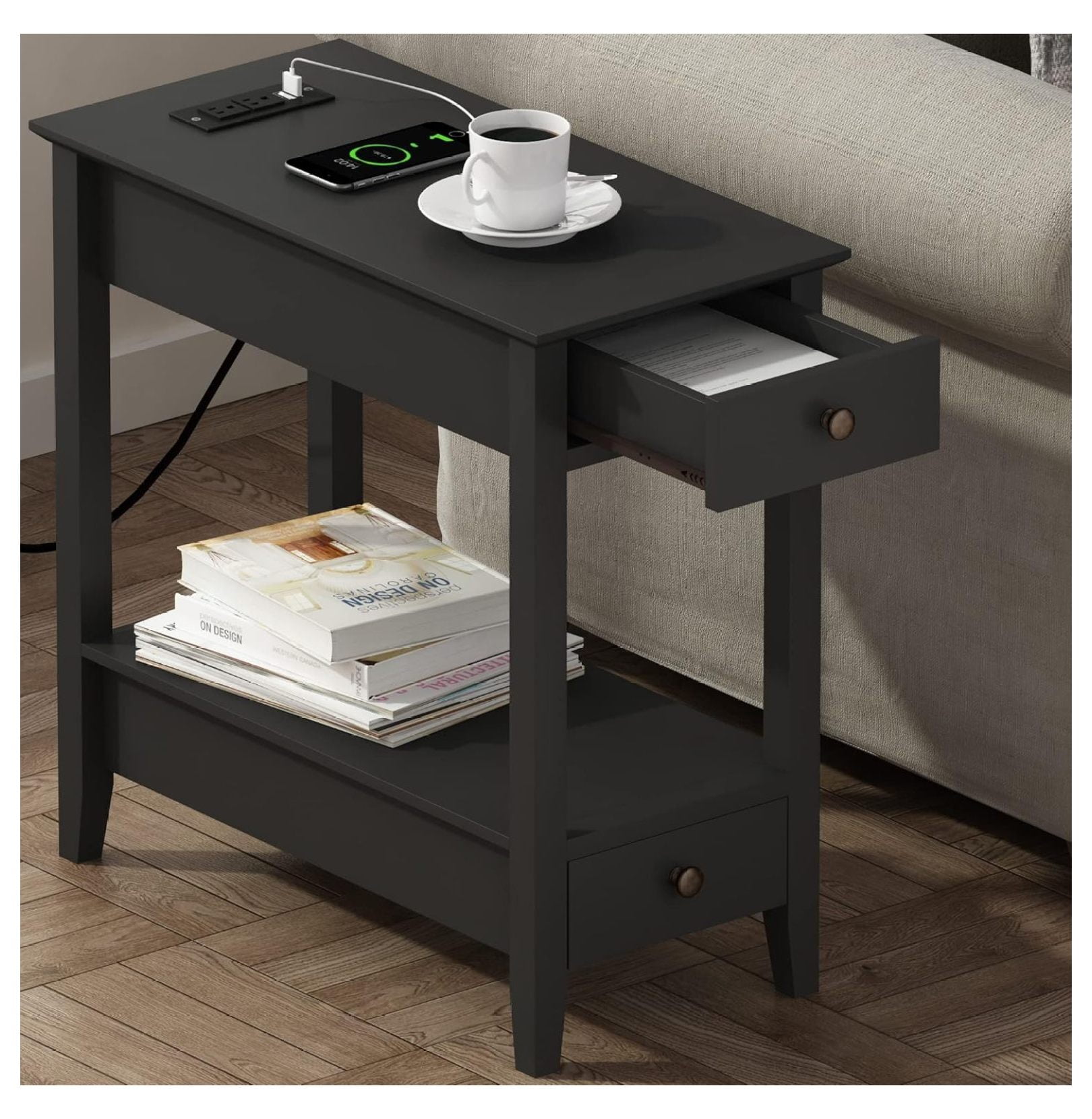 Side Table with Charging Station, Narrow End Table with Storage, 2 ...