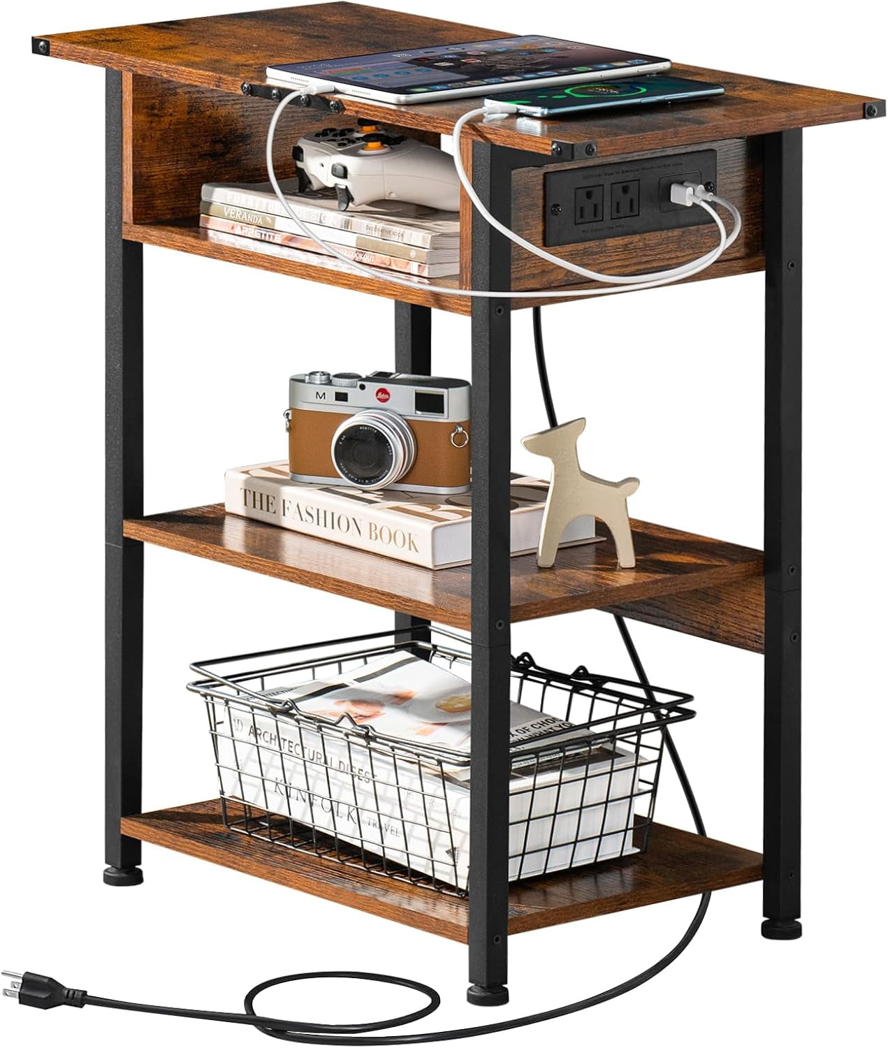 Side Table with Charging Station，Narrow End Table with USB Ports and ...