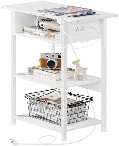 Side Table with Charging Station，Narrow End Table with USB Ports and ...